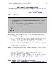 Programming Logic Design Lab On Algorithms And Pseudocode Course Hero