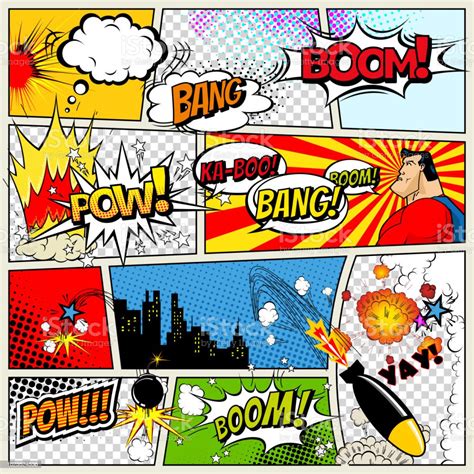 만화 템플릿입니다 벡터 복고 만화 연설 거품 그림입니다 텍스트 음성 Bubbls 기호 컬러 하프톤 배경 및 슈퍼 히어로 대 한 장소를 가진 만화 책 페이지의 모형