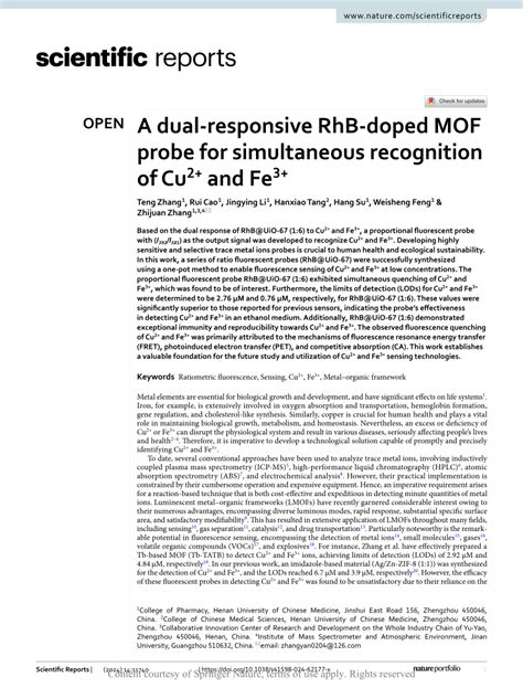Pdf A Dual Responsive Rhb Doped Mof Probe For Simultaneous Recognition Of Cu And Fe