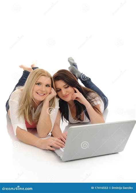 Pretty Girl Friends In Internet On Laptop Computer Stock Image Image