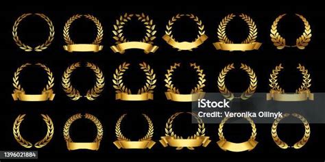 골드 월계관 화환 로마 트로피 배지 나뭇잎과 리본이있는 황금 가지 엠블럼 우아한 월계관 원 테두리 벡터 세트 월계관에 대한 스톡 벡터 아트 및 기타 이미지 Istock