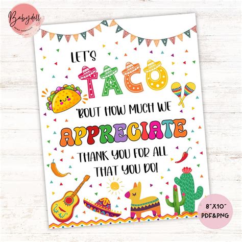 Taco Thank You Sign Fiesta Teacher Staff Appreciation Week Volunteer
