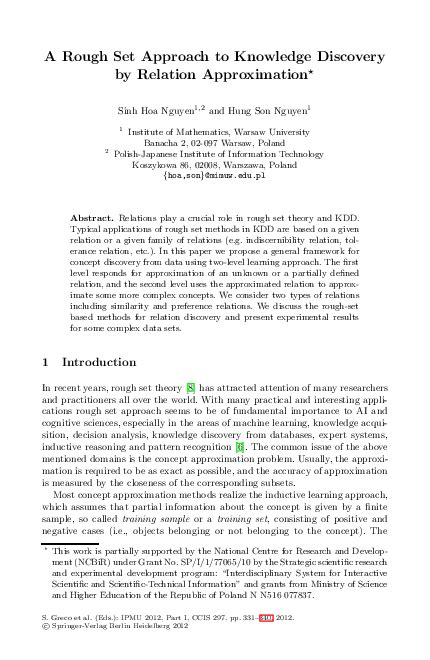 Pdf A Rough Set Approach To Knowledge Discovery By Relation Approximation