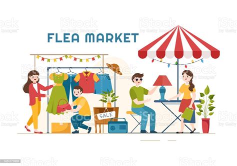 벼룩 시장 템플릿 손으로 그린 만화 플랫 일러스트 레이 션 쇼핑객 스왑 만남 주말에 판매자 및 고객과 함께 두 번째 손 가게