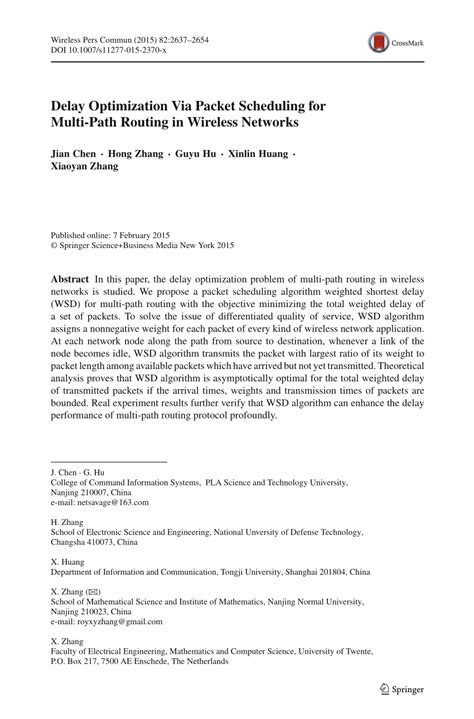 Pdf Delay Optimization Via Packet Scheduling For Multi Path Routing In Wireless Networks