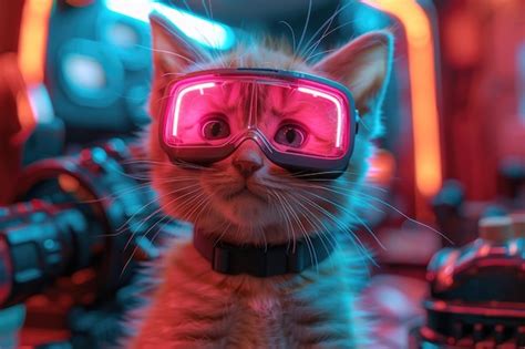 Kitten In Vr Goggles Pinklit Set Against A Neon Futuristic Room Premium Ai Generated Image