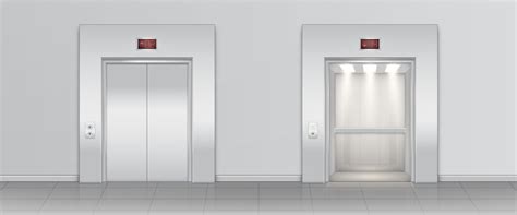 밝은 배경에 닫히고 열린 크롬 금속 문이 있는 엘리베이터의 현실적인 벡터 세트입니다 사무실 호텔 및 기타 건물의 실내 내부 요소 엘리베이터에 대한 스톡 벡터 아트 및 기타
