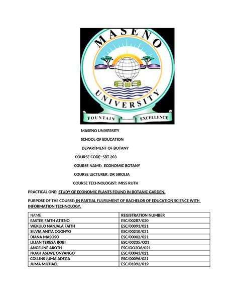 Economic Botany Undergraduate Maseno University School Of Education