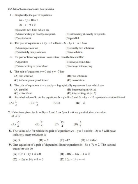 Pair Of Linear Equations In Two Variables Mcq And Ar Qns Pdf System
