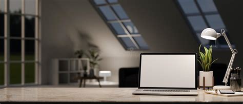 Marble Working Table With Laptop Mockup Table Lamp And Copy Space Over Blurred Dark Living Room