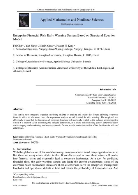 Pdf Enterprise Financial Risk Early Warning System Based On Structural Equation Model