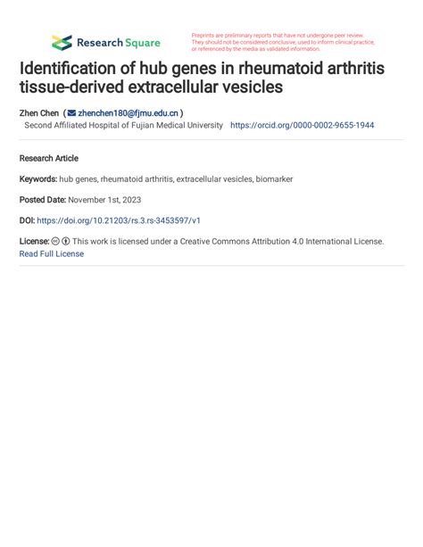 Pdf Identification Of Hub Genes In Rheumatoid Arthritis Tissue Derived Extracellular Vesicles