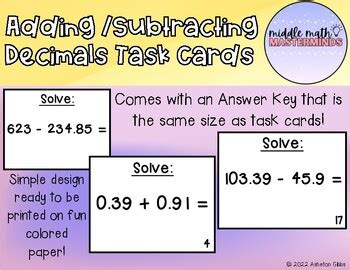 ADDING SUBTRACTING DECIMALS TASK CARDS By Middle Math Masterminds