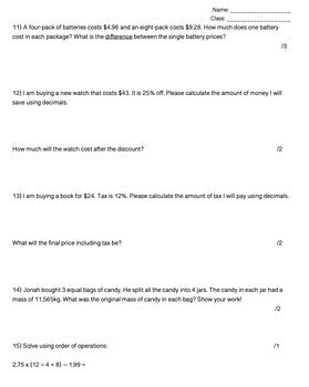 Decimal Operations Assessment Add Subtract Multiply Divide TPT