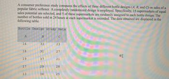 Answered: A consumer preference study compares the effects of three different bottle designs (A ...