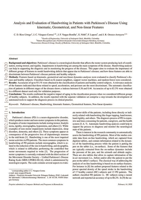 Analysis And Evaluation Of Handwriting In Patients With Parkinsons Disease Using Kinematic