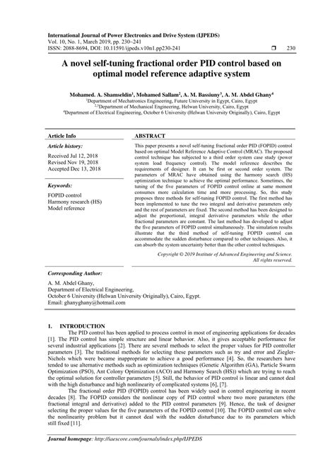 Pdf A Novel Self Tuning Fractional Order Pid Control Based On Optimal Model Reference Adaptive