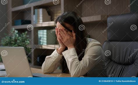 Caucasian Businesswoman In Office Computer Error Crash Business Woman Girl Female Worker Sit At