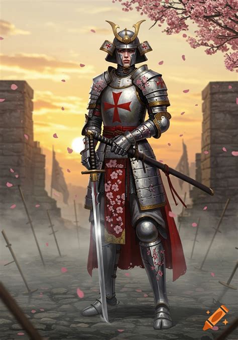 A Warrior In A Blend Of Samurai And Templar Knight Armor Stands With A
