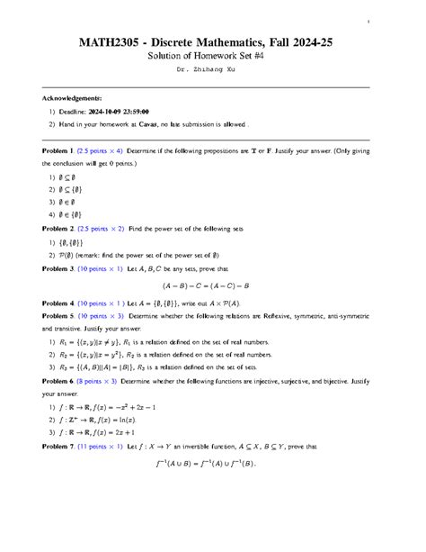 Hw4 Discrete Mathmatics 1 Math2305 Discrete Mathematics Fall 2024 Solution Of Homework Set