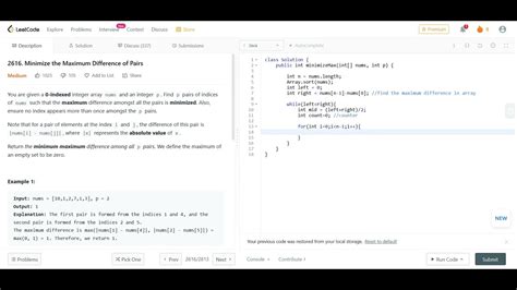 Minimize The Maximum Difference Of Pairs Leetcode 2616 Youtube