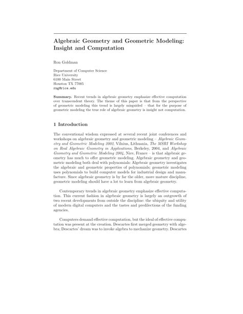 Pdf Algebraic Geometry And Geometric Modeling Insight And Computation