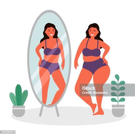 하얀 배경에 평평한 디자인으로 그녀의 슬림 한 버전을 거울을보고 행복한 뚱뚱한 여자 자기 사랑 자신감 가냘픈에 대한 스톡 벡터 아트 및 기타 이미지 Istock