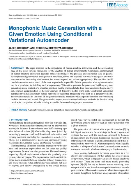 Pdf Monophonic Music Generation With A Given Emotion Using Conditional Variational Autoencoder