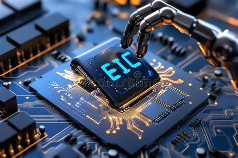 Robotic Arm Placing Electronic Chip Onto Circuit Board Symbolizing Artificial Intelligence And