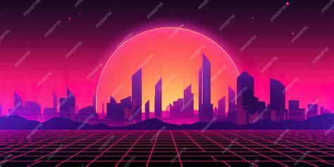 Premium Photo Retro Futuristic Synthwave Retrowave Styled Night Cityscape With Sunset On