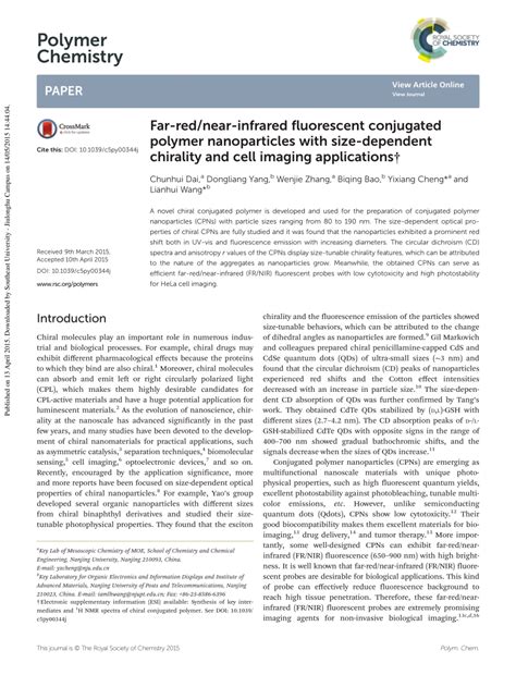 Pdf Far Rednear Infrared Fluorescent Conjugated Polymer Nanoparticles With Size Dependent
