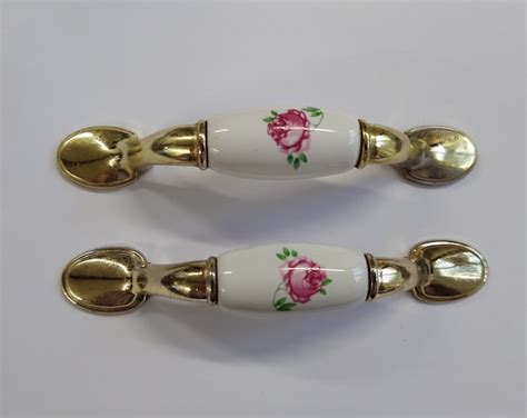Pink Rose Drawer Handle Pulls Knob Set Porcelain Brass Floral Cupboard Cabinet Hardware Vintage