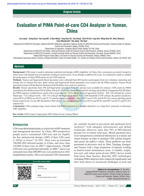 Pdf Evaluation Of Pima Point Of Care Cd4 Analyzer In Yunnan China