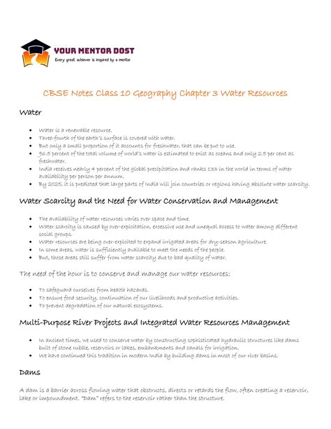 Solution Cbse Notes Class 10 Geography Chapter 3 Water Resources