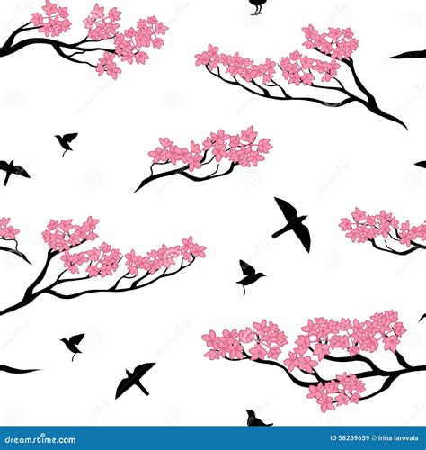 Seamless Pattern Of Sakura Tree Cartoon Vector