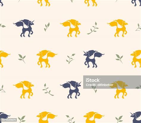 어두운 유니콘과 노란색 말과 골든 베이 지 바탕에 녹색 나뭇가지의 완벽 한 패턴입니다 0명에 대한 스톡 벡터 아트 및 기타 이미지 0명 귀여운 금색 Istock