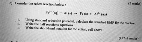solved consider the redox reaction below 2 marks fe aq al s fe