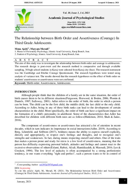 Pdf The Relationship Between Birth Order And Assertiveness Courage