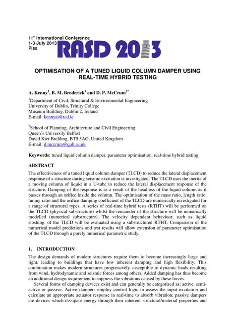 Pdf Optimisation Of A Tuned Liquid Column Damper For Building Structures