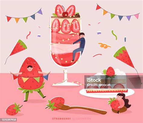 작은 귀여운 사람들은 딸기로 만든 음식을 즐기고 있습니다 음식에 대한 스톡 벡터 아트 및 기타 이미지 음식 아이 건강한 식생활 Istock