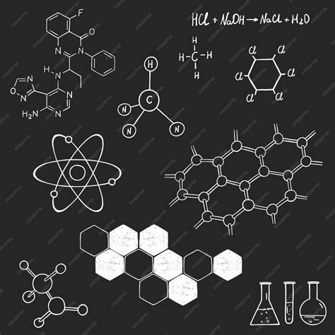 Premium Vector Black And White Handdrawn Set With Chemical Formulas And Molecular Models