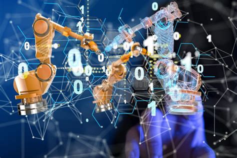 Abstract Network With Robot Arm Of A Smart Factory And Binary Code