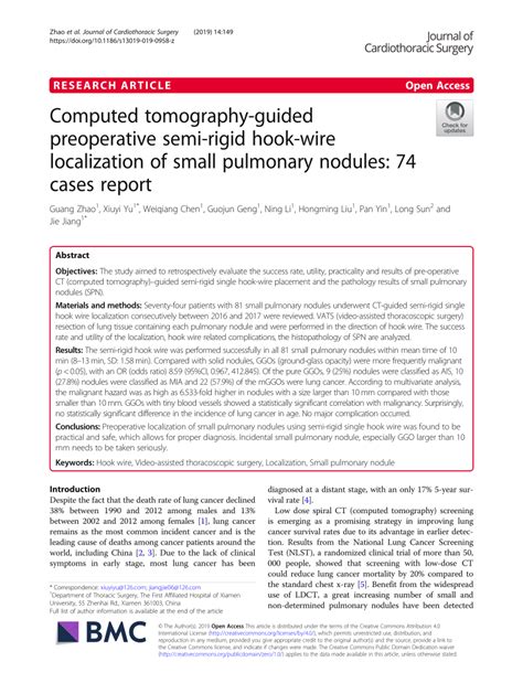 Pdf Computed Tomography Guided Preoperative Semi Rigid Hook Wire Localization Of Small