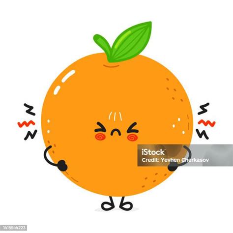 귀여운 화난 오렌지 과일 캐릭터 벡터 손으로 그린 만화 카와이 캐릭터 일러스트 레이 션 아이콘 흰색 배경에 고립되어 있습니다 슬픈 오렌지 과일 캐릭터 개념 귀여운에 대한