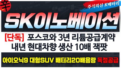 Sk이노베이션 주가전망 단독 포스코와 3년 리튬공급계약 현대차 내년 10배대량양산 아이오닉9 배터리 20배용량 독점계약