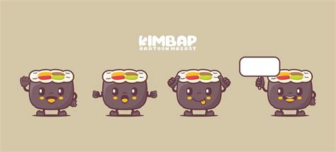 김밥 만화 마스코트 한국 음식 벡터 일러스트 레이 션 프리미엄 벡터