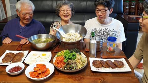요리 먹방】 새벽시청금지~ 나물 듬뿍 넣고 슥슥 비벼먹는 양푼 비빔밥 먹방 떡갈비 오이냉국 Bibimbap Mukbang