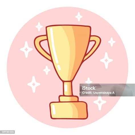 낙서 만화 스타일의 우승자를위한 귀여운 손으로 그린 트로피 컵 중성 사탕 색상의 둥근 구성 카드 소셜 미디어 배너 스티커 장식