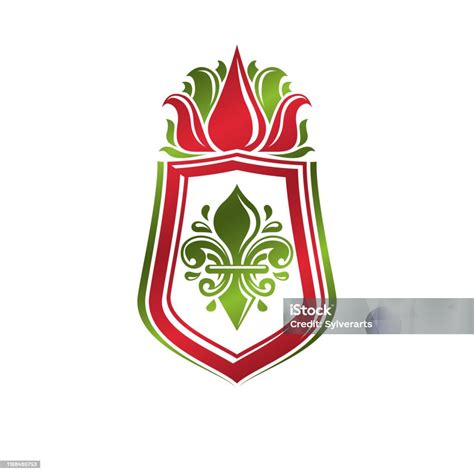 백합 꽃 왕실 기호로 만든 빈티지 전령 엠블럼 에코 제품 기호 유기농 및 건강 식품 테마 일러스트레이션 장식 보호 방패 0명에
