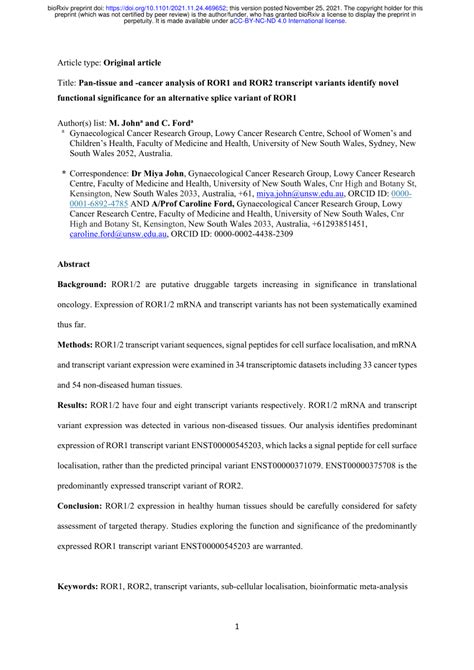Pdf Pan Tissue And Cancer Analysis Of Ror1 And Ror2 Transcript Variants Identify Novel